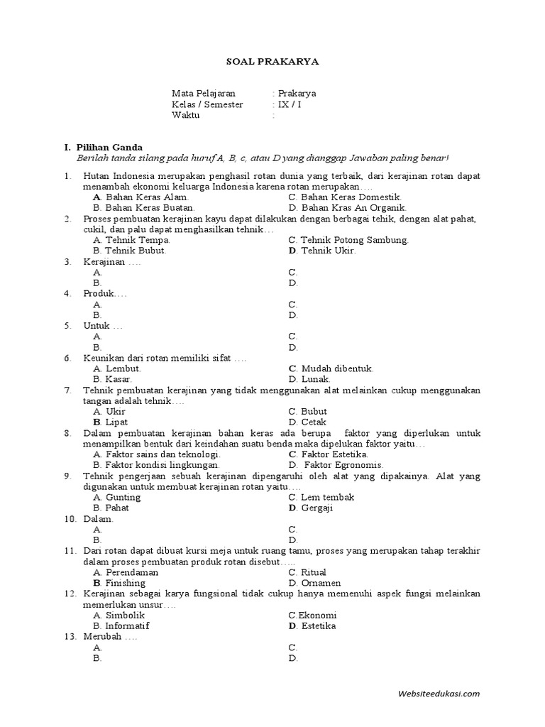 Soal PAS Prakarya Kelas 9 GANJIL | PDF