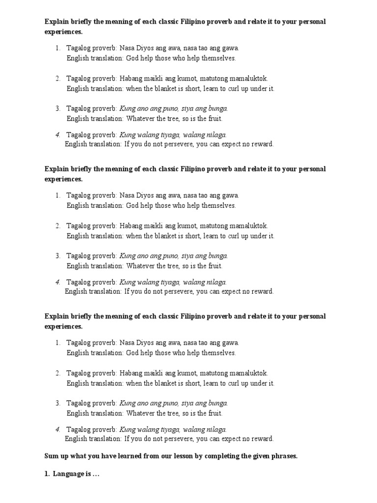 Filipino Proverbs and Personal Experiences | PDF | Tagalog Language ...