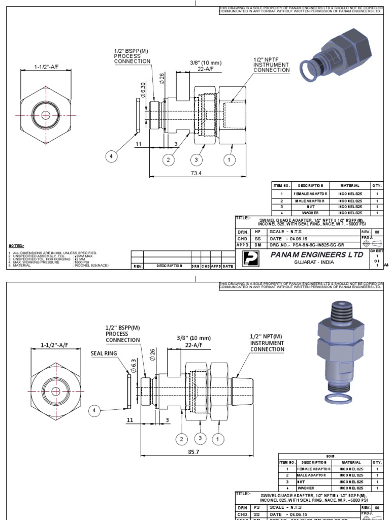 Panam Engineers Swivel Gauge Adapter Drawing | PDF