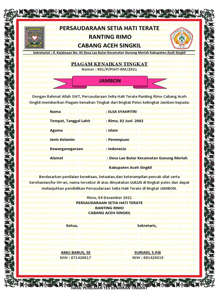 Piagam Kenaikan Tingkat PSHT | PDF