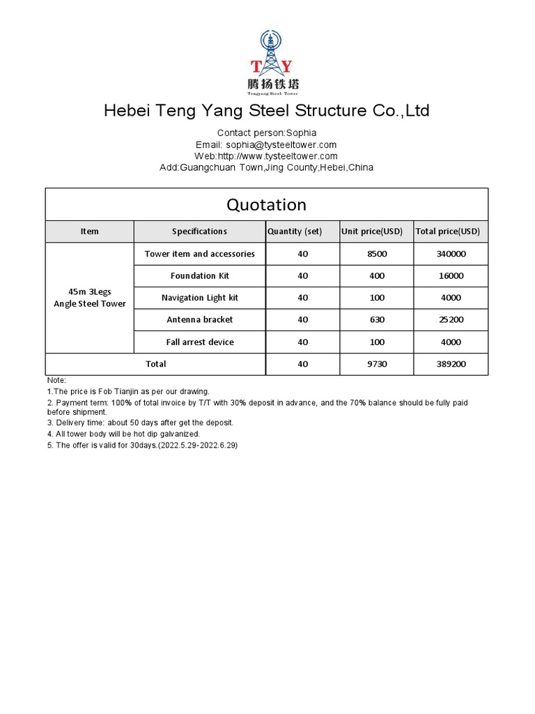 Quotation of 45m 3legs Angle Steel Tower From Fro | PDF