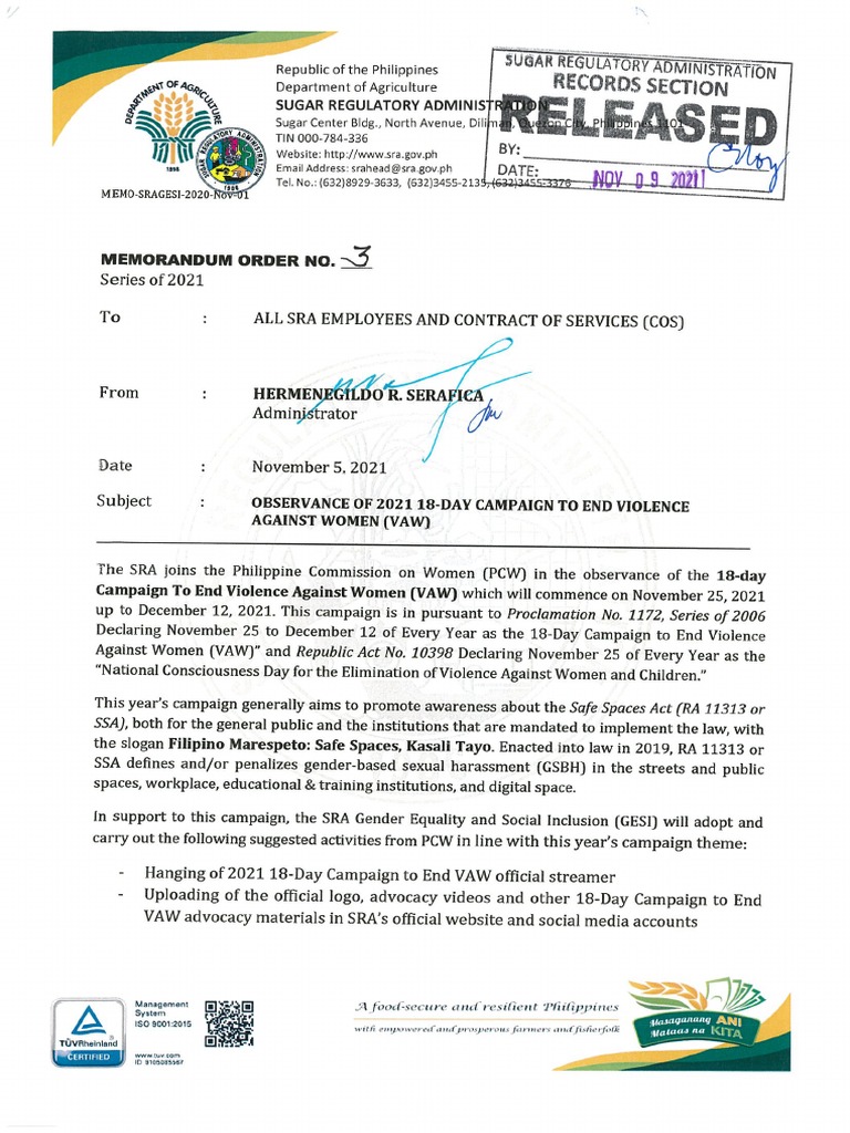 MEMO Observance of 2021 18 Day Campaign To End VAW | PDF