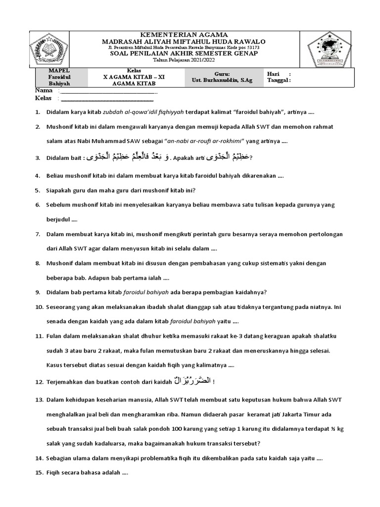 Faroidul Bahiyah X-XI AGAMA KITAB | PDF