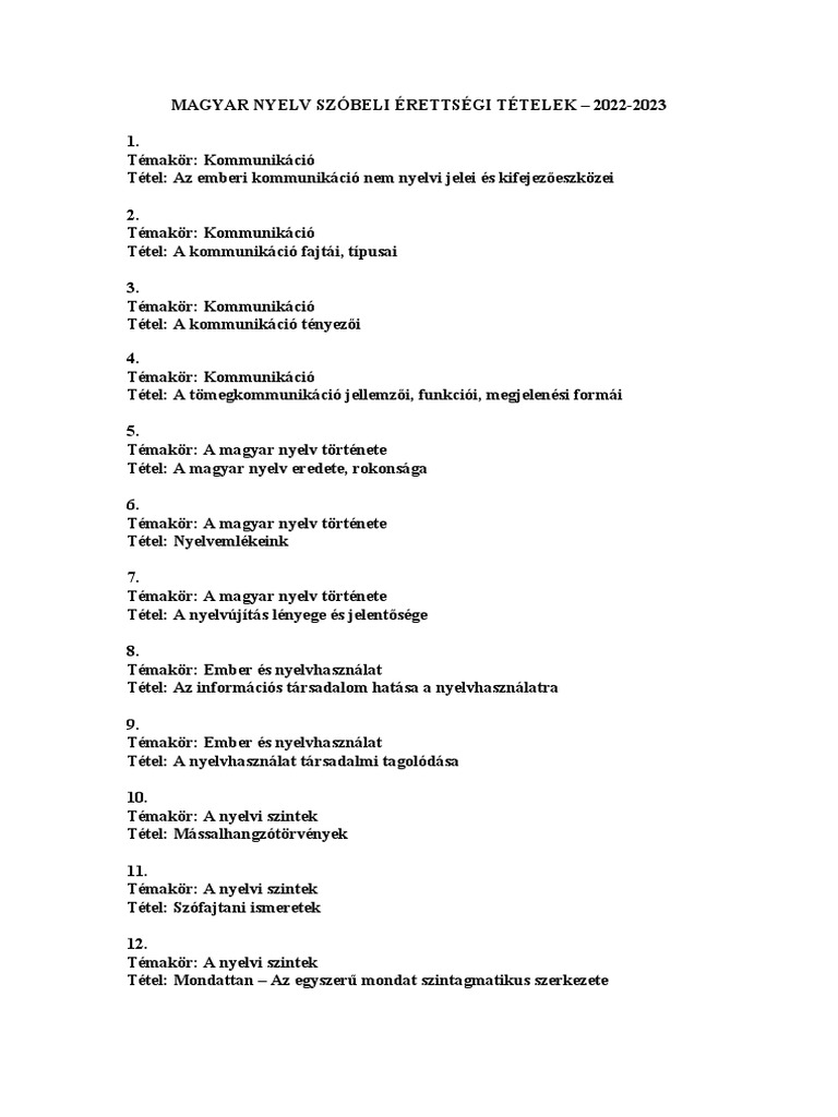 Magyar Nyelv Szóbeli Érettségi Tételek 2022 2023 | PDF