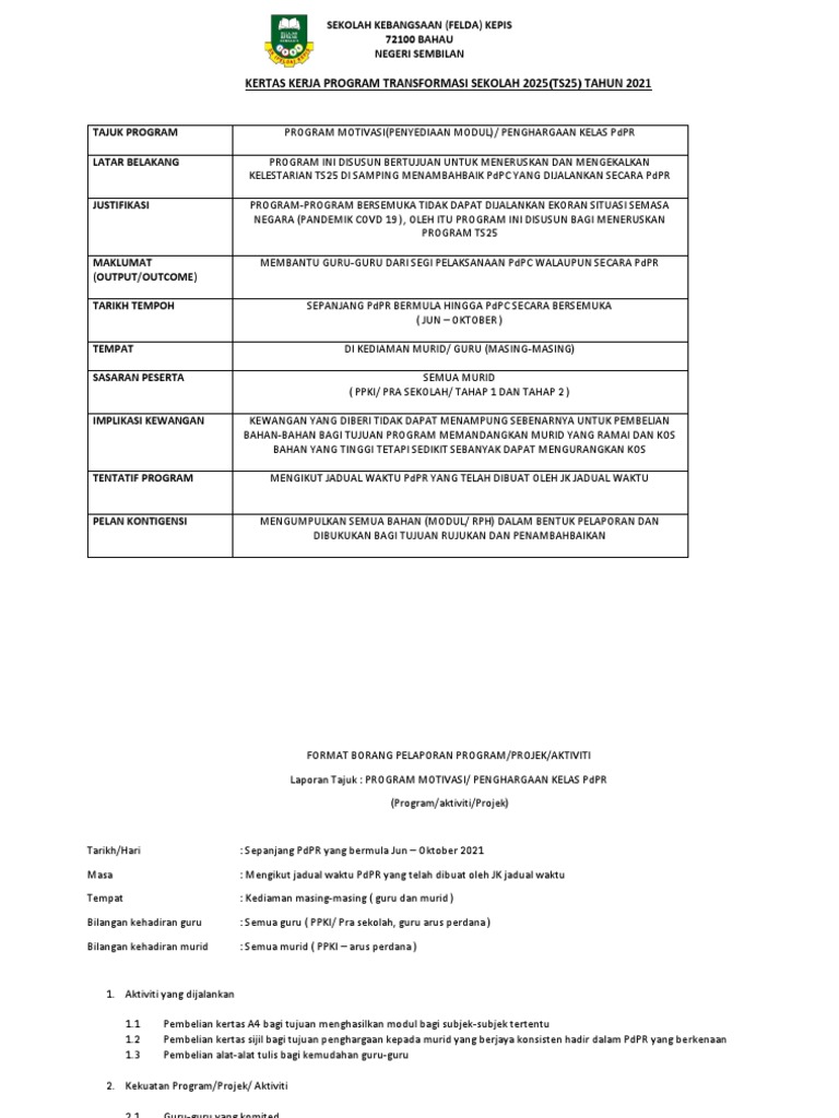 Kertas Kerja Program Transformasi Sekolah 2025-Sk Felda Kepis | PDF