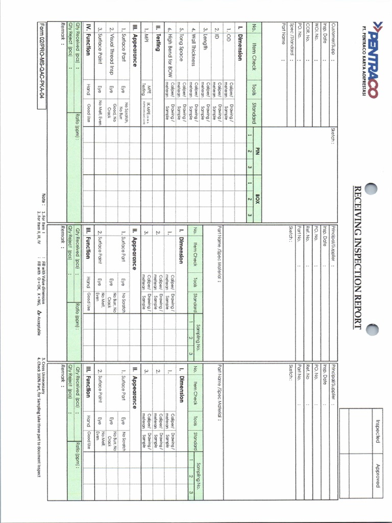 Form Receiving Inspection Report | PDF