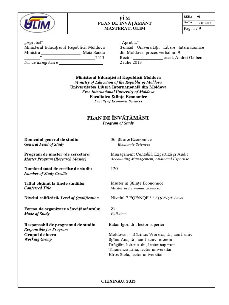 PLAN Masterat Management Contabil Expertiza Si Audit | PDF