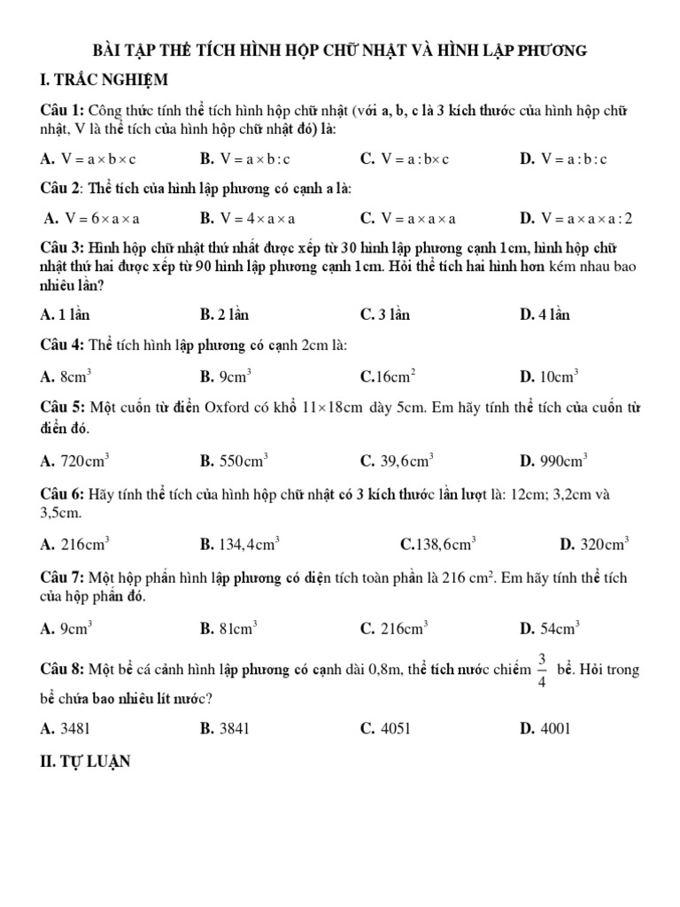 Bai Tap The Tich Hinh Hop Chu Nhat Va Hinh Lap Phuong Lop 5 | PDF