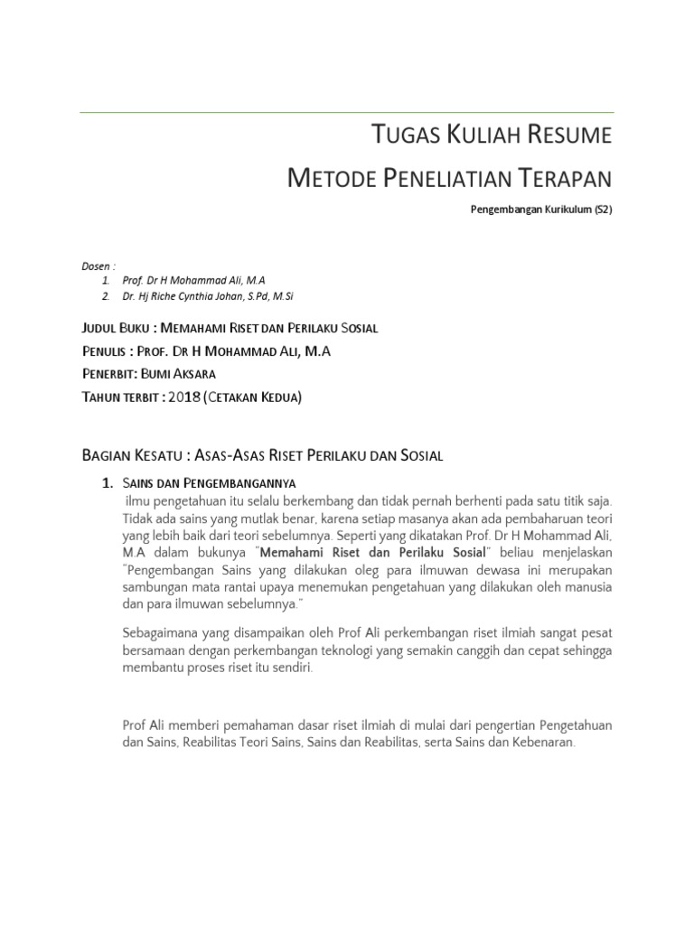 Resume Chapter Satu Buku Memahami Riset Dan Perilaku Sosial | PDF