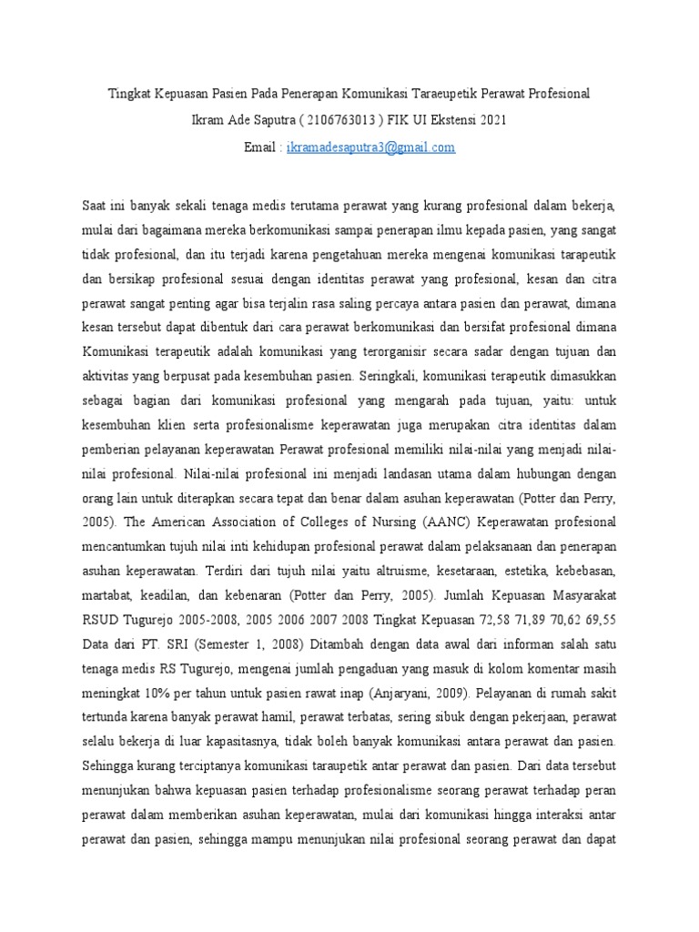 A-2 - Ikram Ade Saputra - Essay - (Tingkat Kepuasan Pasien Pada Penerapan Komunikasi Taraeupetik ...