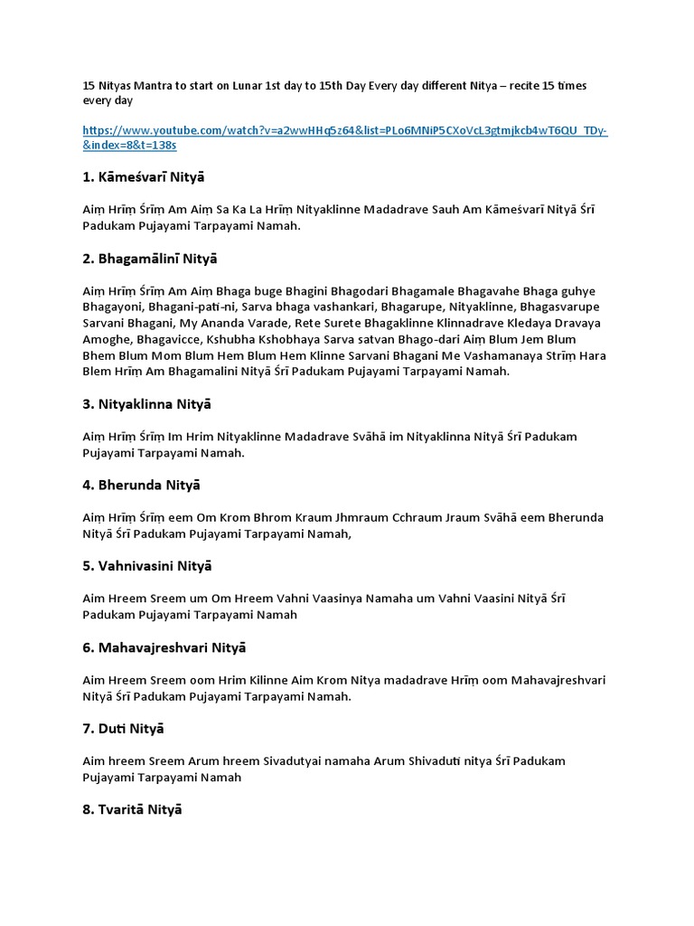 15 Nityas Mantra To Start On Lunar 1st Day To 15th Day Every Day Different Nitya Only Mantras ...