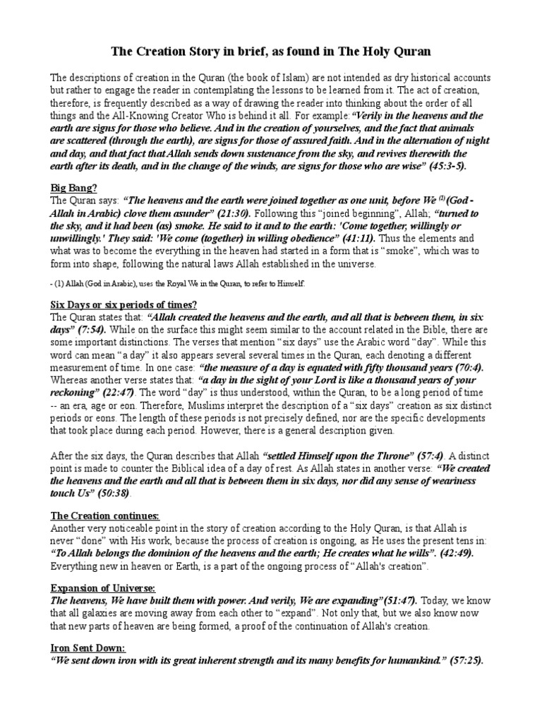 Creation Story Brief Islam Quran | PDF | God In Islam | Quran