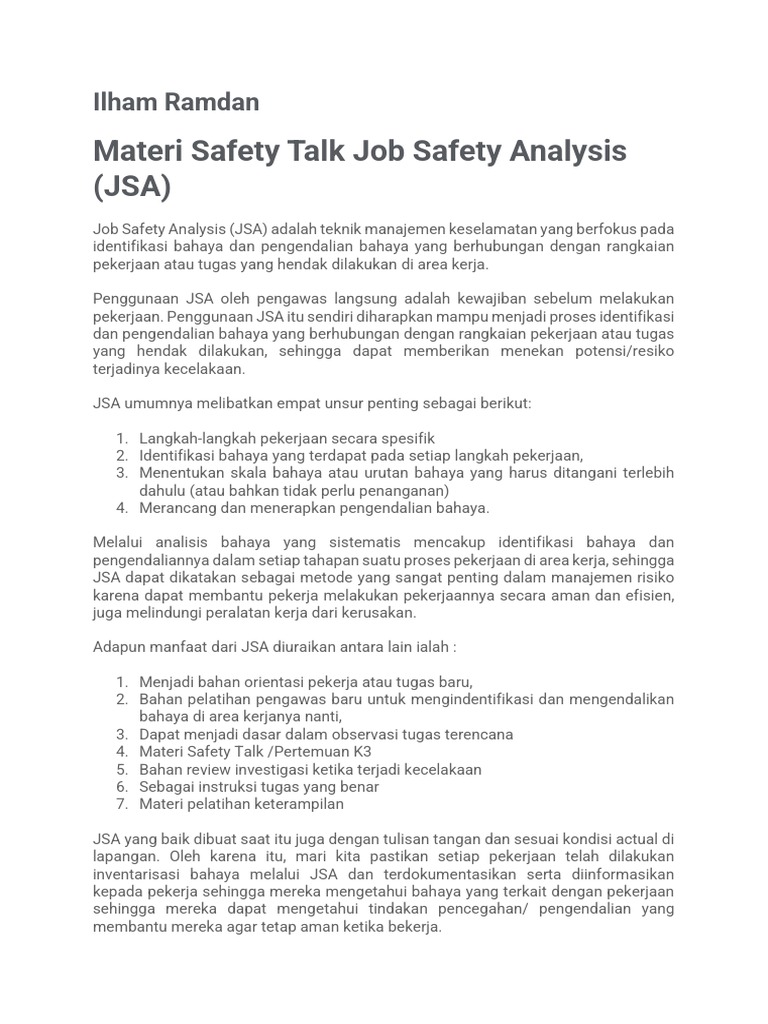 Materi Safety Talk Job Safety Analysis - Ilham - Ramdan | PDF