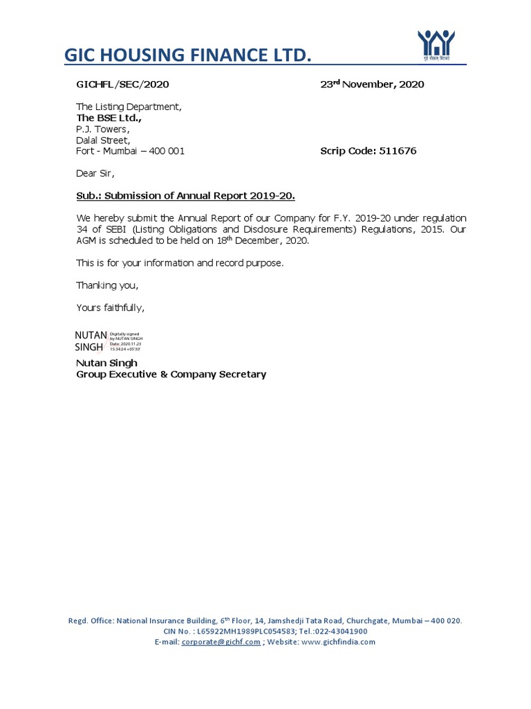 Gic Housing Finance LTD.: GICHFL/SEC/2020 23 November, 2020 The BSE LTD ...