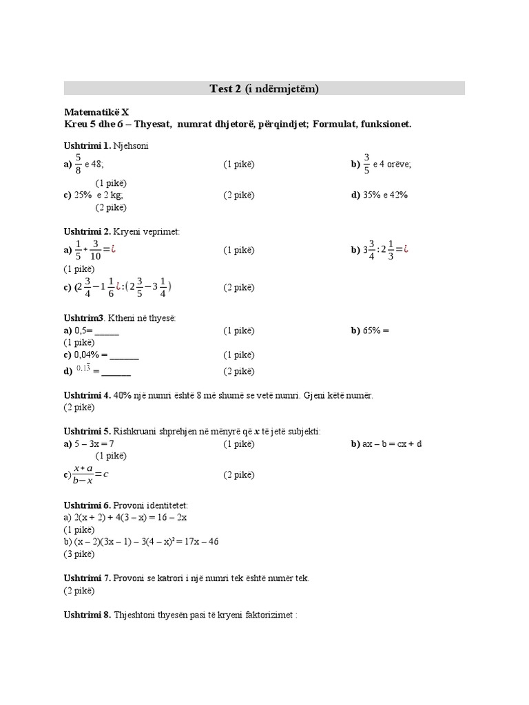 Matematika 10 - Test 2 I Ndermjetem | PDF