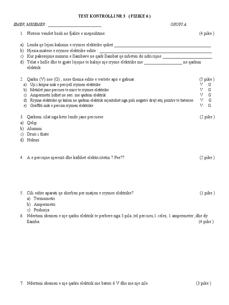 Test Fizika 6 Periudha 3 | PDF
