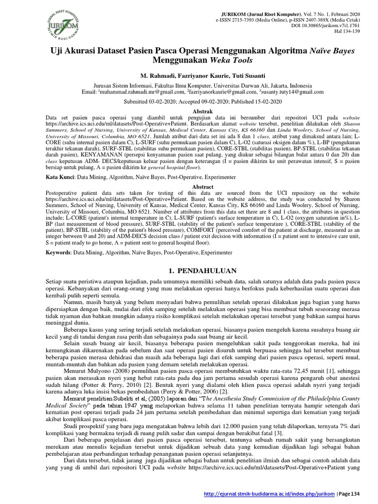 Uji Akurasi Dataset Pasien Pasca Operasi Menggunak | PDF | Statistical ... Uji Akurasi Dataset Pasien Pasca Operasi Menggunak | PDF | Statistical ...