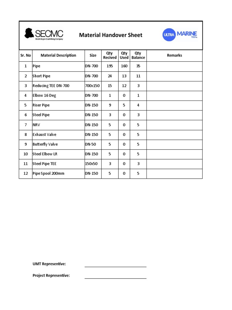 Material HandOver Sheet | PDF