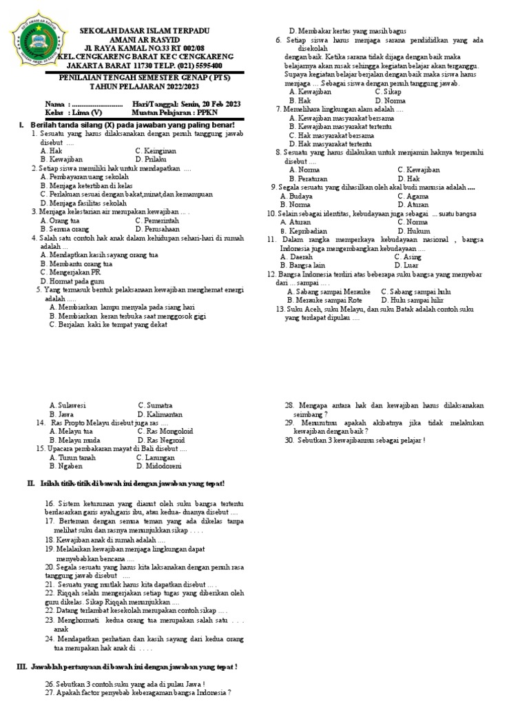 PTS PPKN KLS 5 Semester Genap (Bi Iceu) | PDF