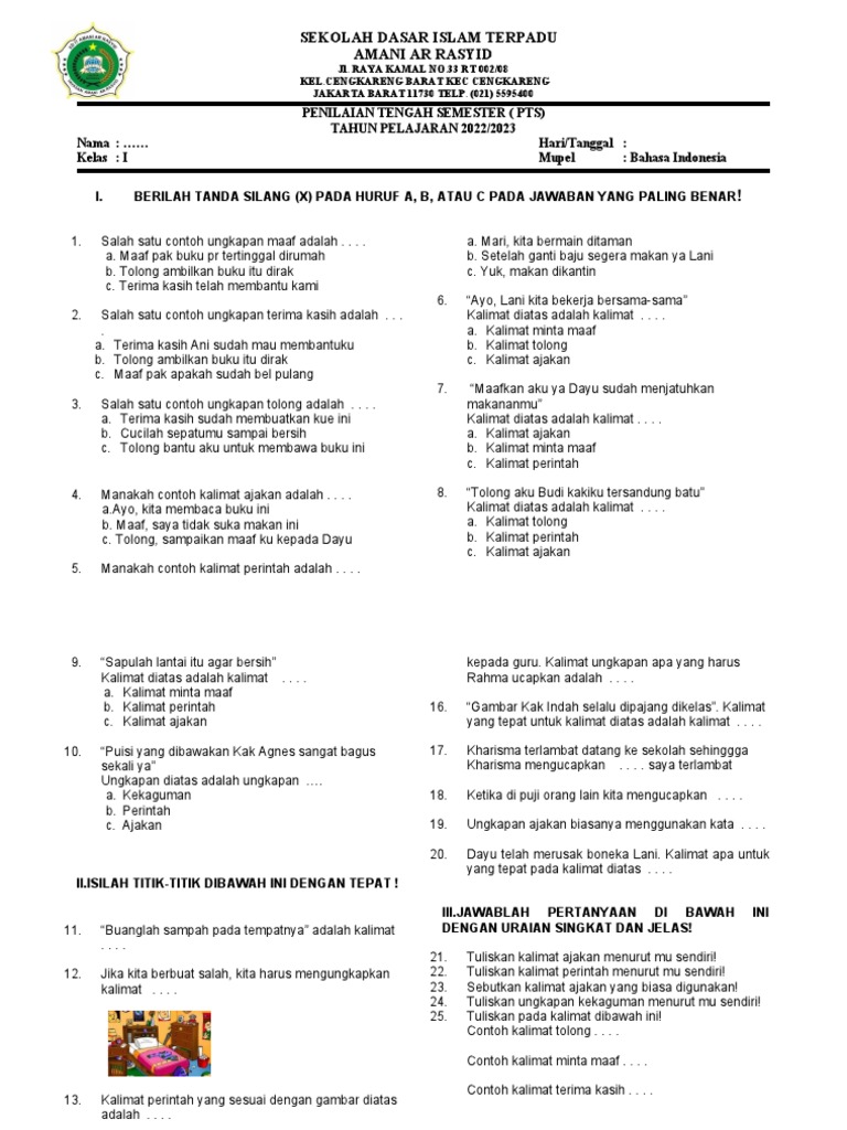 Soal PTS Genap Bahasa Indonesia KLS 1 2022-2023 | PDF