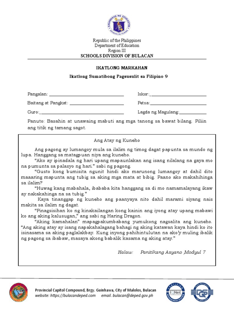 Grade 9 - Filipino - Ikatlong Sumatibong Pagsusulit - Teofila F ...