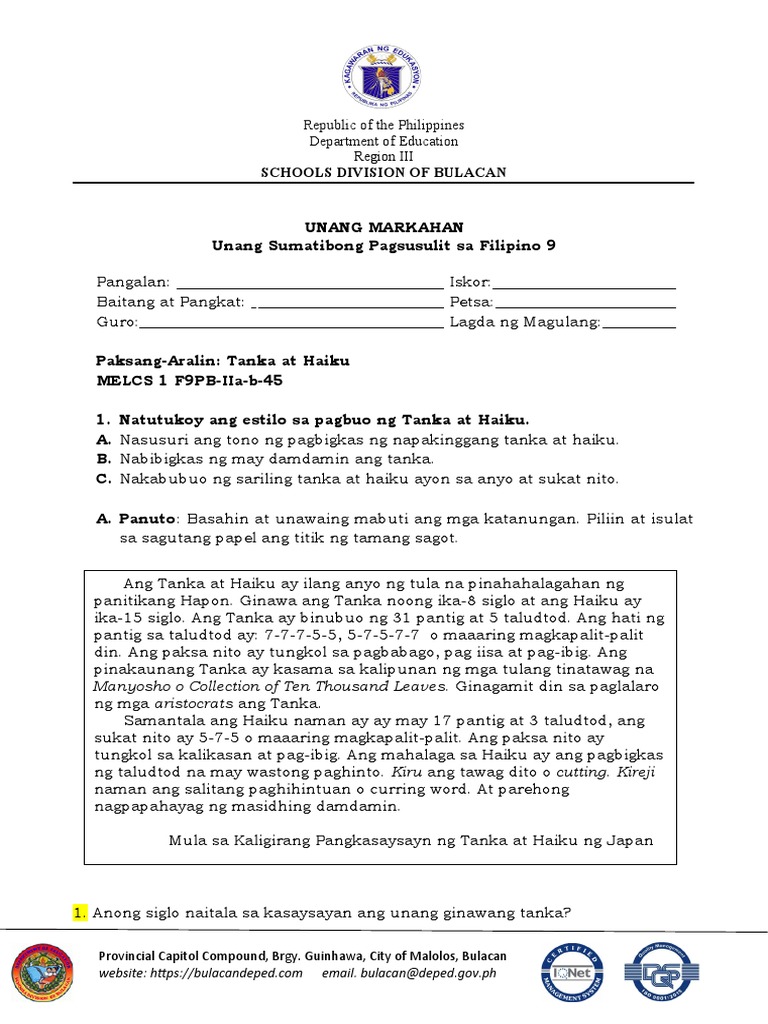 Grade 9 - Filipino - Unang Sumatibong Pagsusulit - Cristobal, Estelita ...