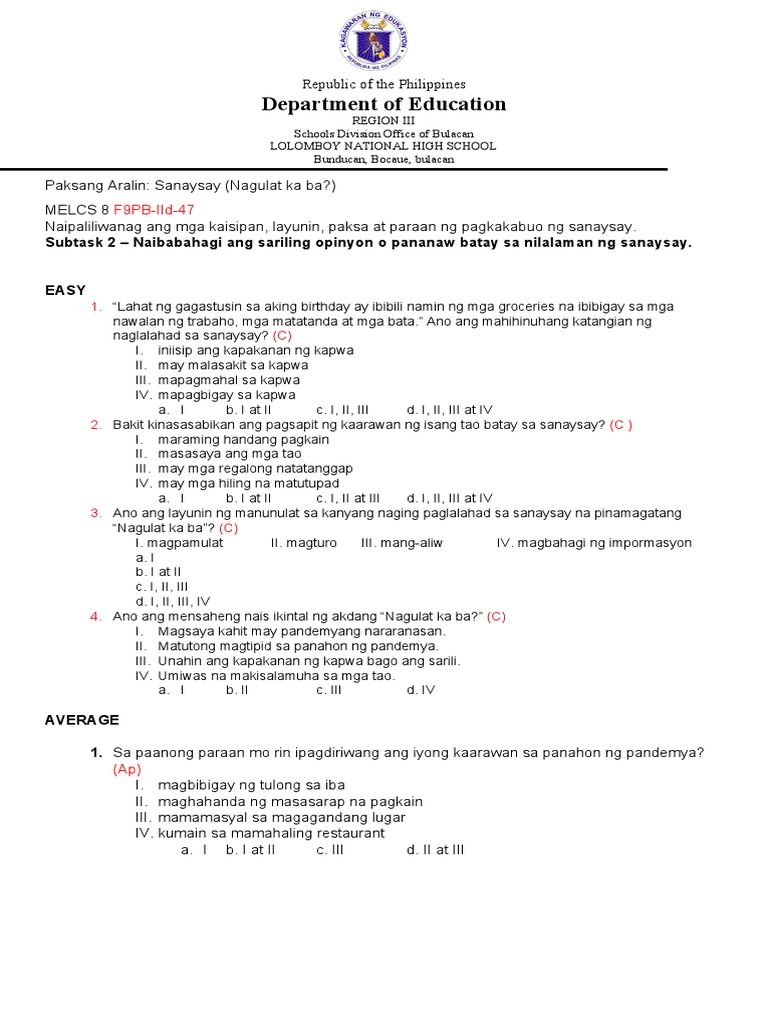 Summative Test Grade 9 MODULE 8 | PDF