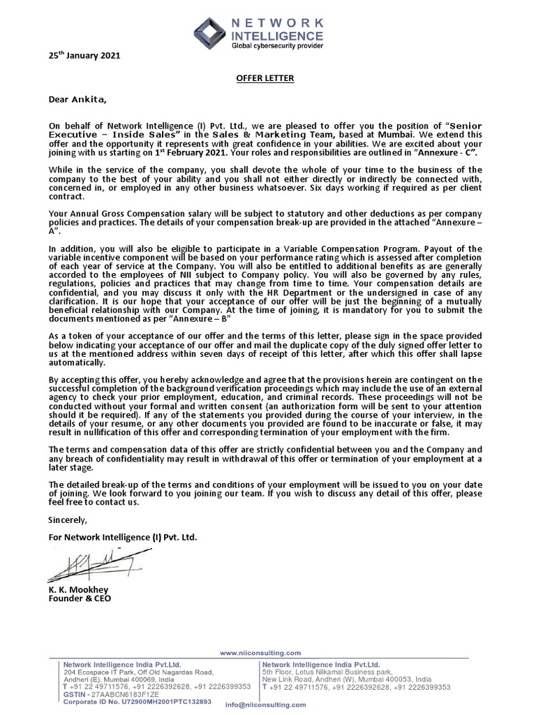 Offer Letter for Senior Executive Role | PDF | Salary | Employment