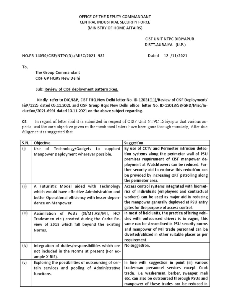 CISF Deployment Review for NTPC Dibiyapur | PDF | Government | Law ...