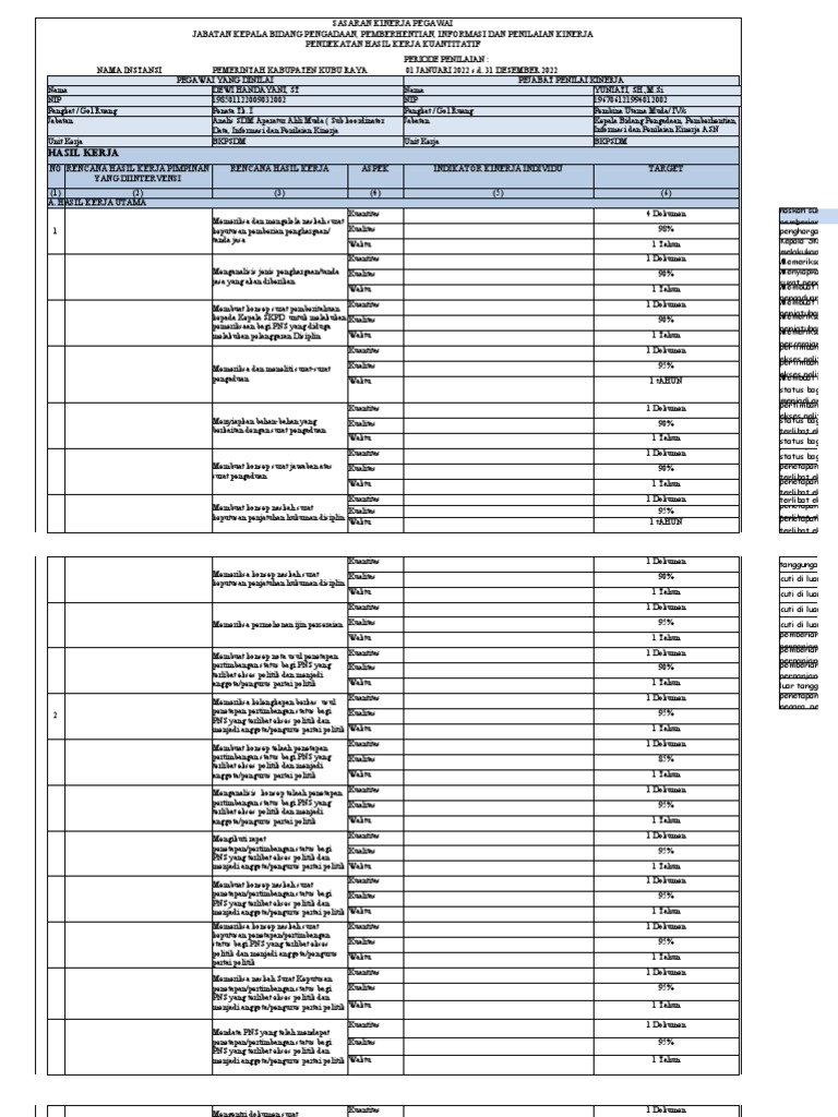 Contoh SKP Eselon IV Permenpan 6 - JA JF Kuantitatif - Bu Titin | PDF