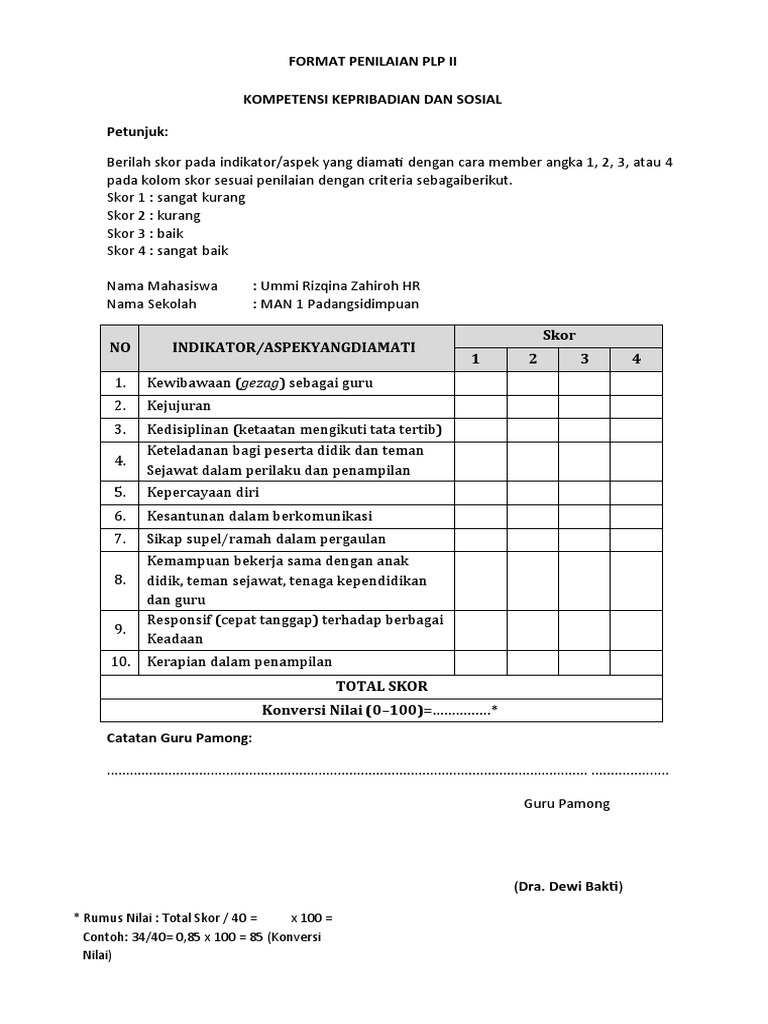 Format Penilaian PLP II Mahasiswa Keguruan | PDF