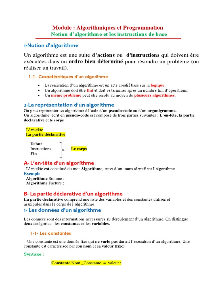 Notion D Algorithme Et Instructions de Base | PDF | Pi | Variable ...