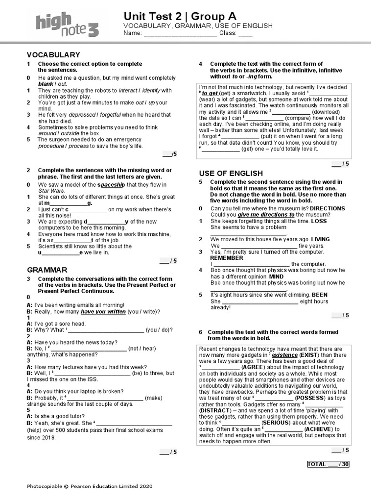 HighNote3 Unit Language Test Unit02 GroupA | PDF | English Language ...