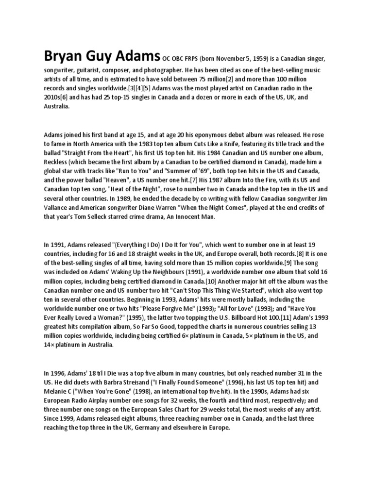 Bryan Guy Adams OC OBC FRPS | PDF | Music Industry