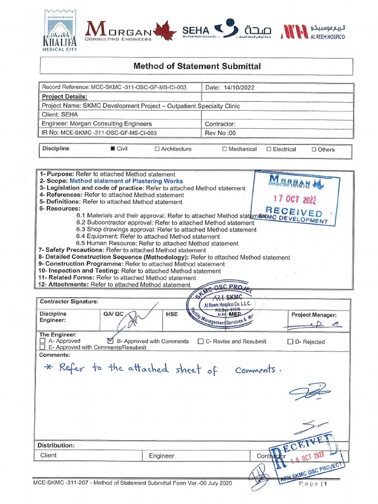 MCE-SKMC-311-OSC-GF-MS-CI-003-Method Statement of Plastering Works | PDF