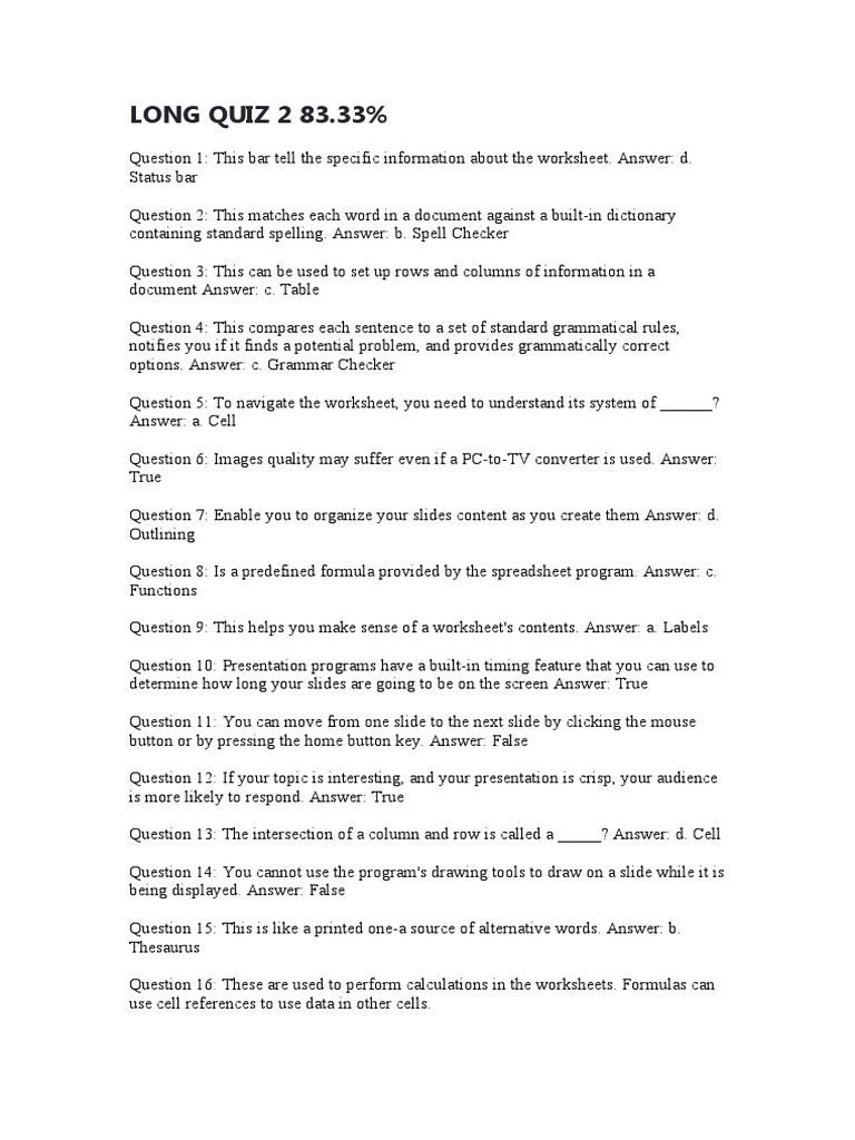 Long Quiz 2 83 | PDF | Question | Spreadsheet