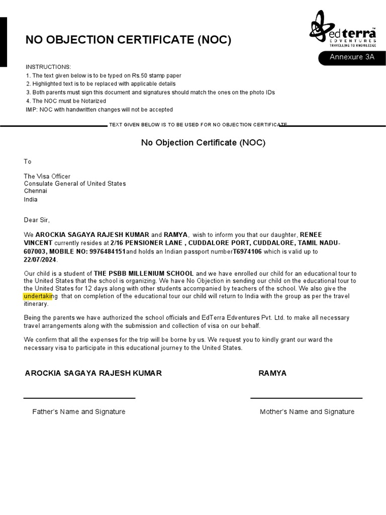 NOC for US Educational Tour Visa | PDF