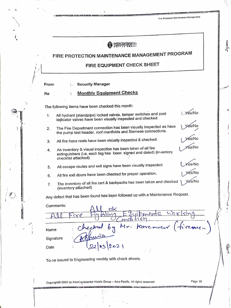 Fire Fighting Equipment Monthly Report | PDF