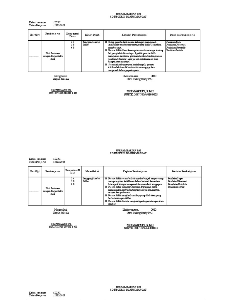 Jurnal Harian PAI Kelas 3 Semester 1 | PDF