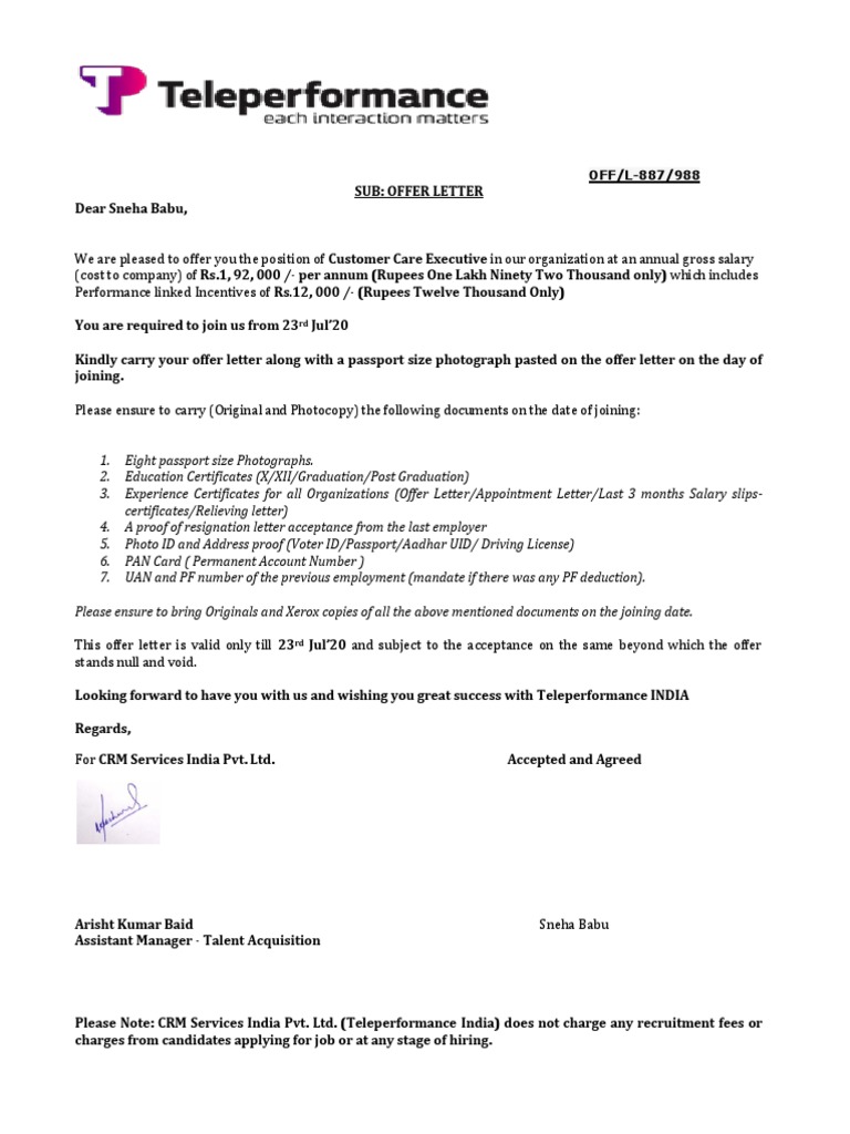 1194 Sneha Babu-Teleperformance (CSE) 2019-2020 | PDF | Employee Benefits | Salary