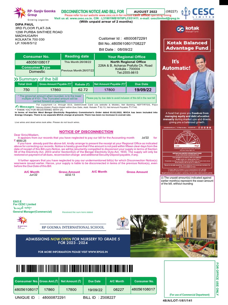 Summary of The Bill: Disconnection Notice and Bill For | PDF | Services ...