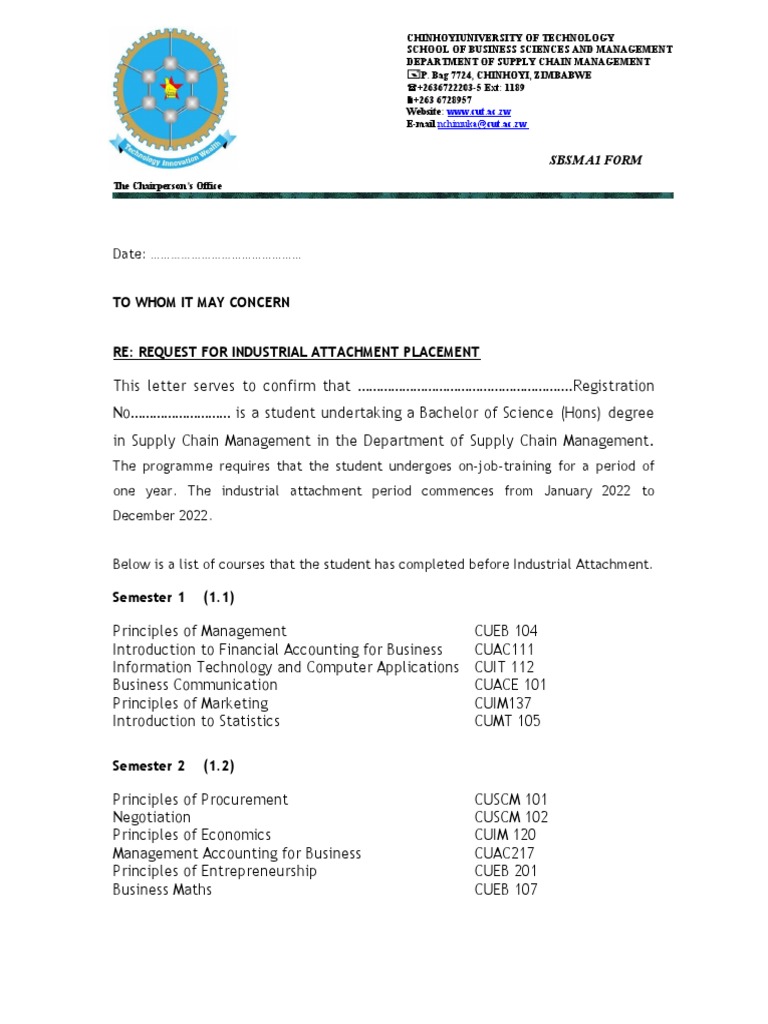 Industrial Attachment Request Letter | PDF | Logistics | Supply Chain ...