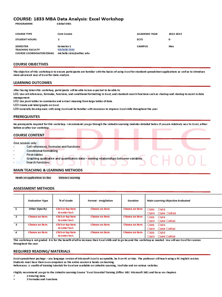 Excel Workshop Syllabus - Global MBA Sept. 2022 | PDF | Microsoft Excel ...