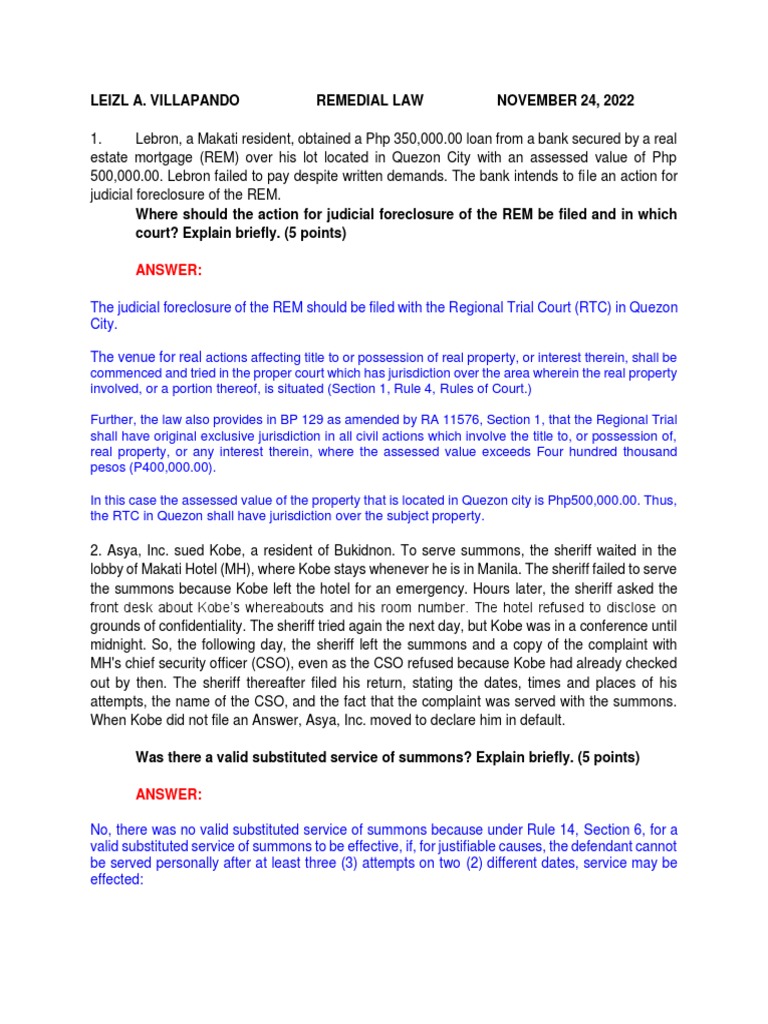 VILLAPANDO, LEIZL A. Remedial Law - BAR QUESTIONS AND ANSWERS.1&2 | PDF ...