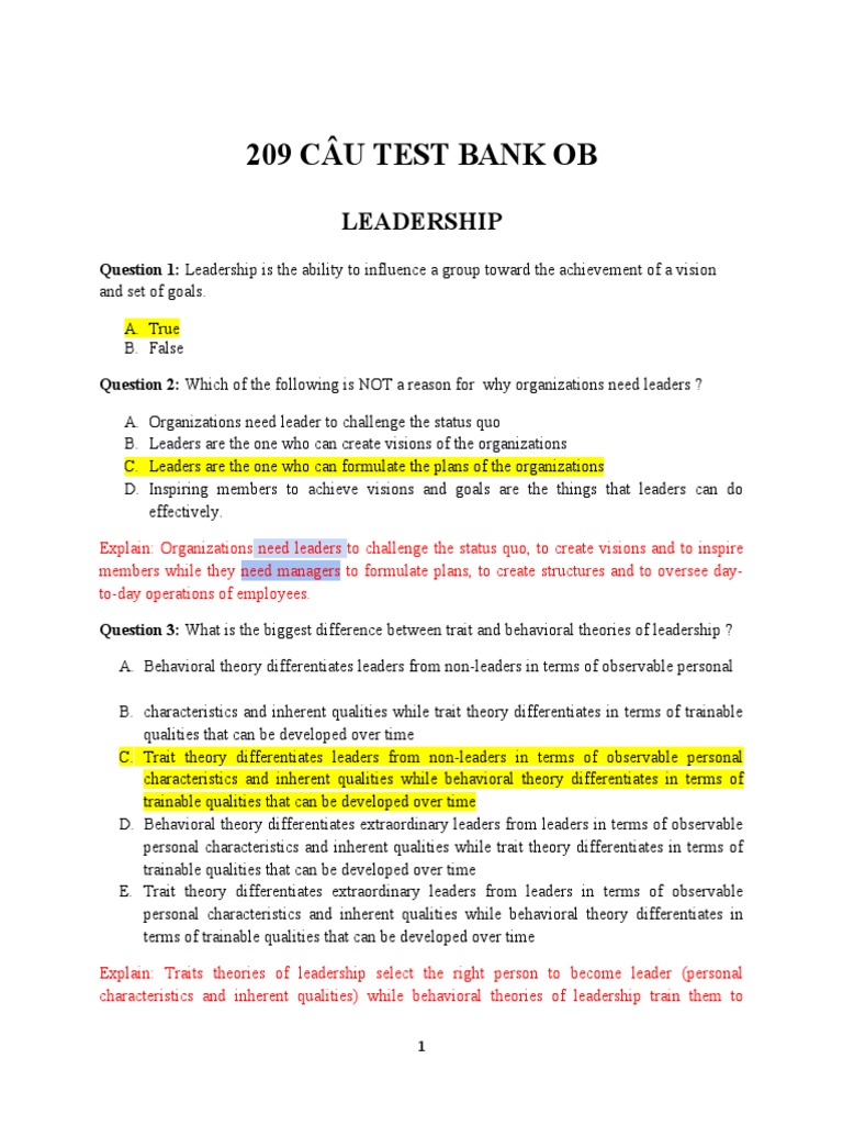Test Bank OB - Questions Only | PDF | Leadership | Decision Making