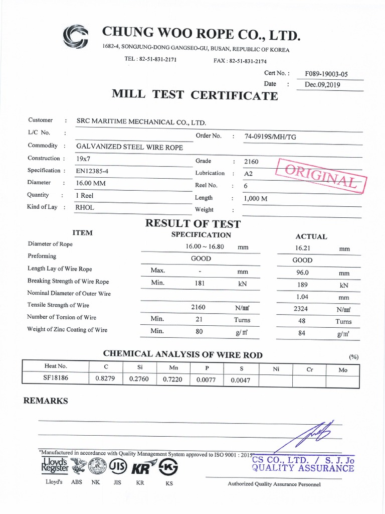 Mill Test 19x7 IWRC 16mm | PDF