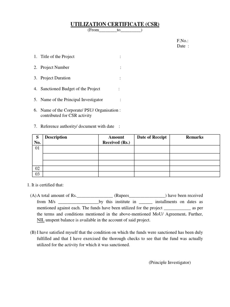 Template - Utilization Certificate | PDF
