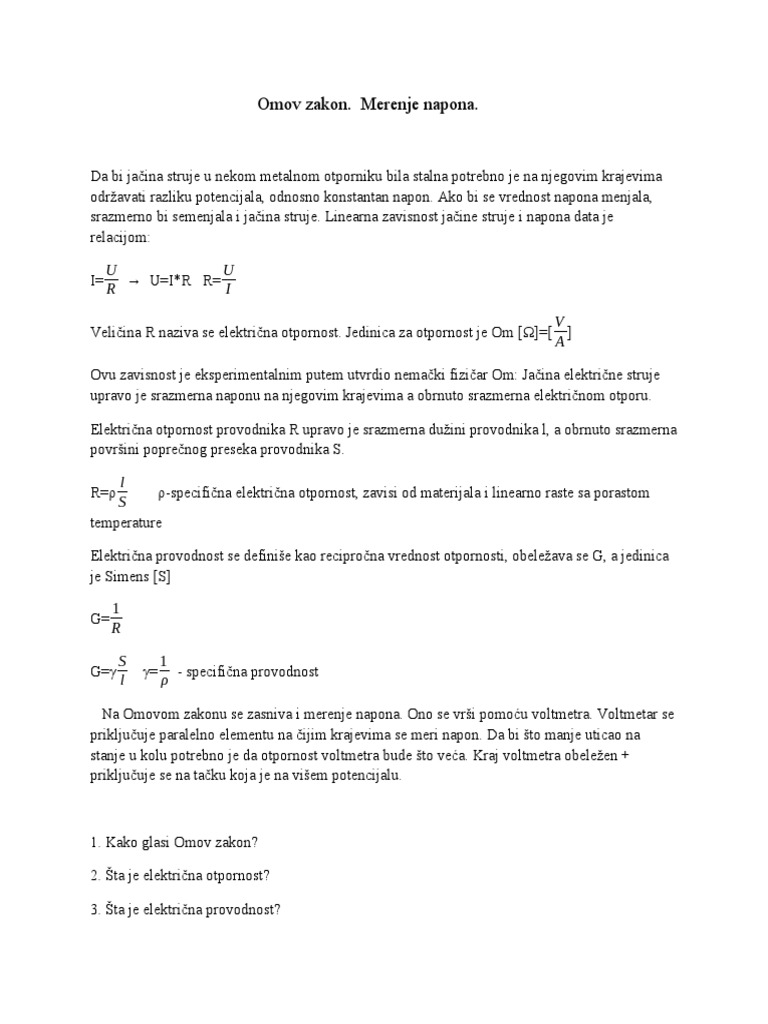 Omov Zakon. Merenje Napona | PDF