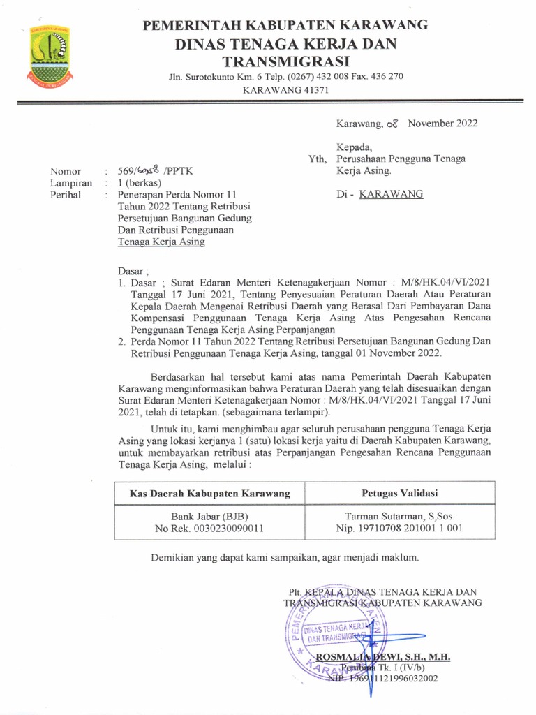 Surat Disnakertrans Penetapan Perda Retribusi Ptka | PDF