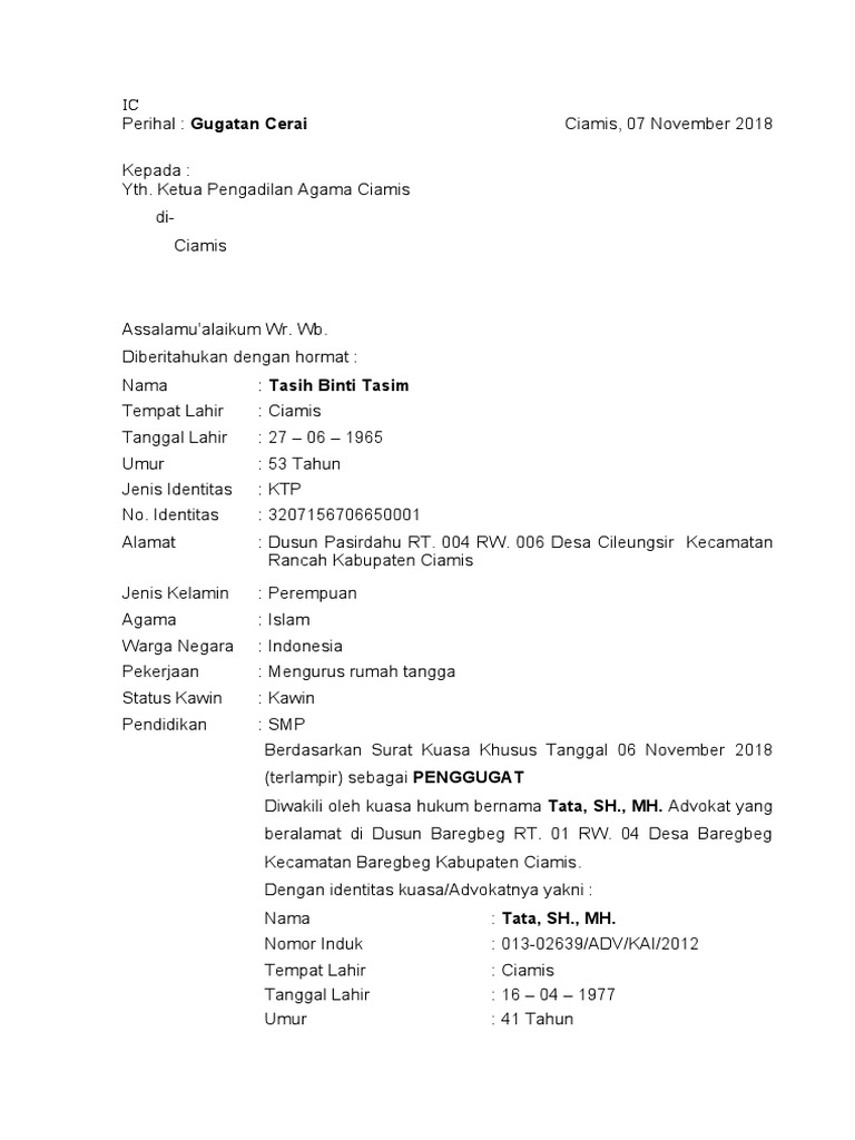 Contoh Gugatan Cerai | PDF